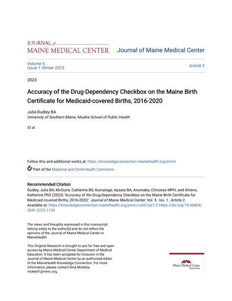 Pdf Accuracy Of The Drug Dependency Checkbox On The Maine Birth Certificate For Medicaid