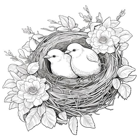 A Drawing Of Two Birds In A Nest With Flowers And Flowers Premium AI Generated Image