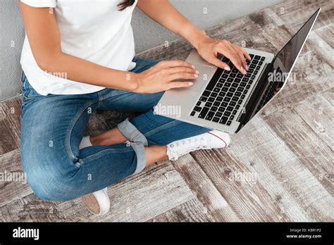 Close Up Portrait Of A Laptop Computer On Female Lap Isolated Stock Photo Alamy