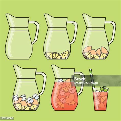 복숭아와 과일 조각 얼음 레모네이드와 용기와 짚으로 유리에 의미 단계별 지시입니다 색상 배경에 고립 현대 평면 스타일입니다 라인 아트입니다 저그에 대한 스톡 벡터 아트 및