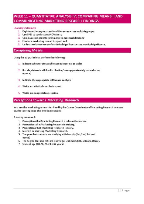 Mktg2010 Workshop 11 Quantitative Analysis Iv Comparing Means Between More Than Two Groups