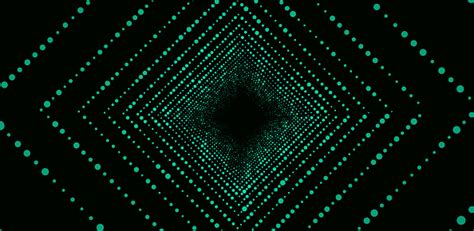 어두운 배경에 있는 추상적인 동적 녹색 와이어프레임 터널 딥 웨이브 웜홀 미래 지향적인 입자 흐름 벡터 그림입니다 가리키기에