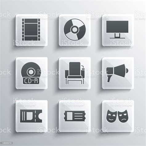 시네마 티켓 코미디 및 비극 마스크 확성기 의자 Cd 또는 Dvd 디스크 비디오 및 스마트 Tv 아이콘을 설정합니다 벡터 Theatrical Performance에 대한