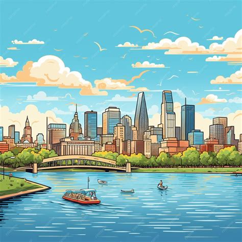 A Cartoon Illustration Of A City Skyline With A River And Boats