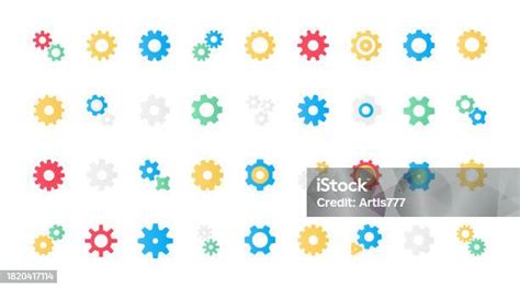 기어와 톱니바퀴 플랫 아이콘 세트 기계 엔진 자전거 및 시계의 기호 기어 기계 부분에 대한 스톡 벡터 아트 및 기타 이미지 기어 기계 부분 변속 기어 아이콘 Istock