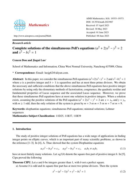 Pdf Complete Solutions Of The Simultaneous Pells Equations A 2 2 X 2 Y 2 2 And X 2