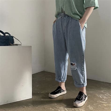 리리모드 일정확인중 아이스 구제 스트링 밴딩 데님 팬츠 여름 청바지 보이핏 배기 찣청 통큰바지 키작녀코디