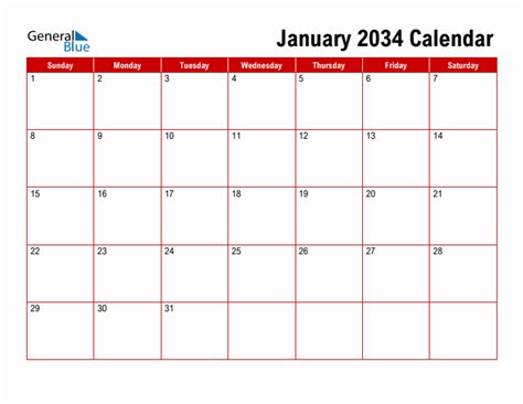 Basic Monthly Calendar January 2034