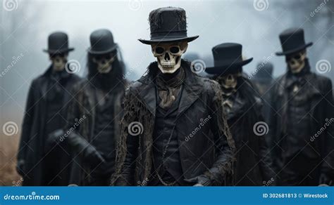 Group Of Human Skeletons Wearing Vintage Dark Clothes In A Graveyard