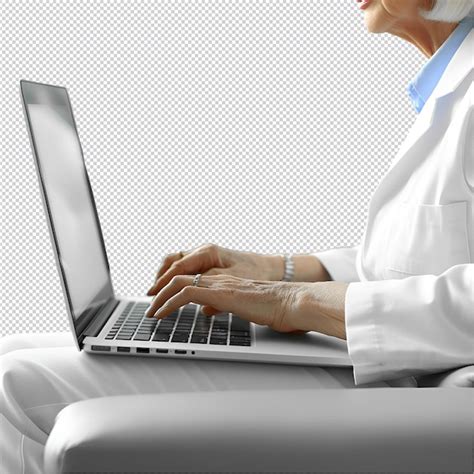 Premium Psd A Woman In A Lab Coat Is Typing On A Laptop