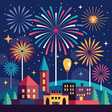Premium Vector Colorful Fireworks Exploding Over A Small Town At Night