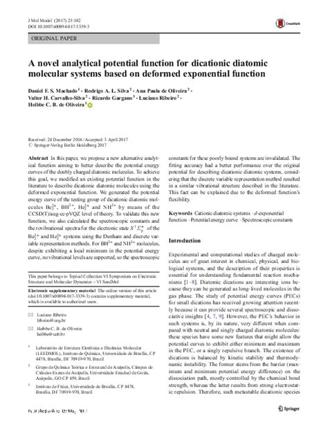 Pdf A Novel Analytical Potential Function For Dicationic Diatomic Molecular Systems Based On