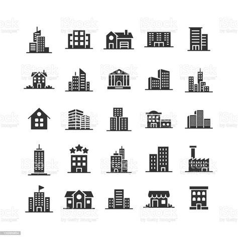 평면 스타일로 설정된 건물 아이콘입니다 흰색 고립 된 배경에 마을 마천루 아파트 벡터 그림입니다 도시 타워 비즈니스 개념입니다 0명에 대한 스톡 벡터 아트 및 기타 이미지