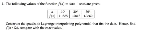 Get Answer The Following Values Of The Function Fx Sinx Cosx Are