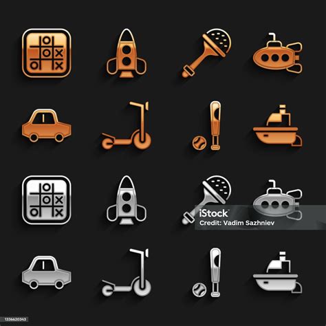 세트 롤러 스쿠터 잠수함 장난감 장난감 보트 야구 방망이 공 자동차 딸랑이 아기 틱 택 발가락 게임과 로켓 선박 아이콘 벡터 검은색에 대한 스톡 벡터 아트 및 기타 이미지