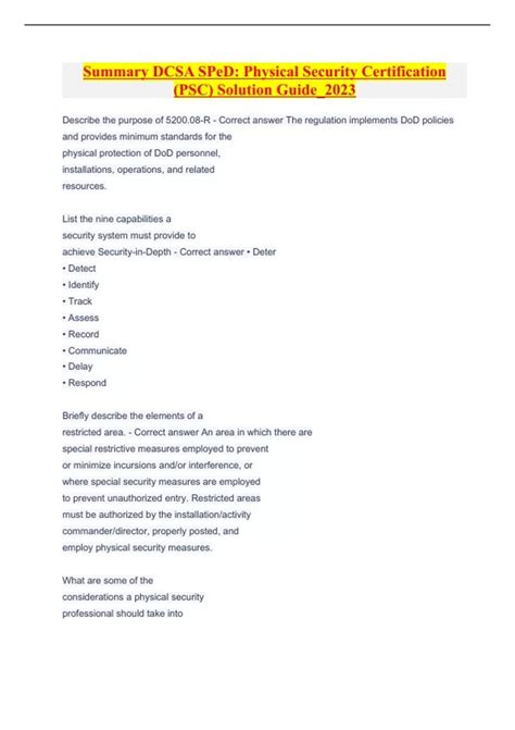 Summary Dcsa Sped Physical Security Certification Psc Solution Guide 2023 Summary Dcsa Sped