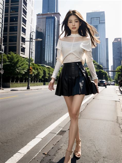 Araffe Asian Woman In A White Blouse And Black Skirt Walking Down The
