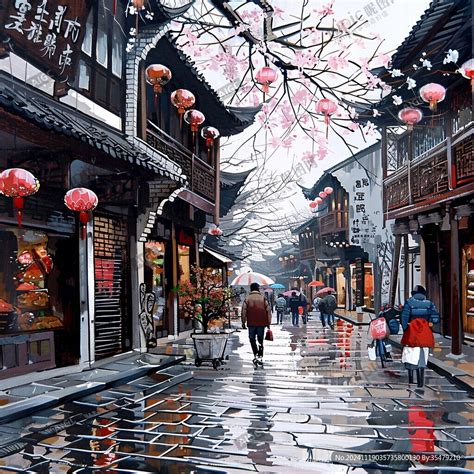 AI创作图雨中古街 雨巷插画 南宋御街雨景 烟雨巷图片素材下载 冬天的河坊街 古街阴雨天 烟雨古街道 古镇春雨 烟雨长廊 江南雨巷 油画古街巷