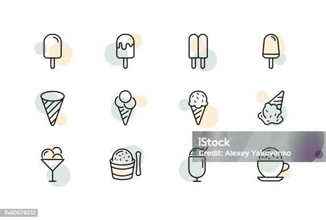 아이스크림 세트 아이콘입니다 콘 막대기 유약 초콜릿 웨이퍼 설탕 컵 아이스크림 공 등 달콤한 개념 비즈니스 및 광고에 대한 벡터 라인 아이콘 아이스크림에 대한 스톡 벡터