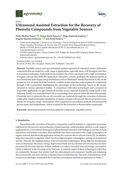 Pdf Ultrasound Assisted Extraction For The Recovery Of Phenolic Compounds From Vegetable Sources