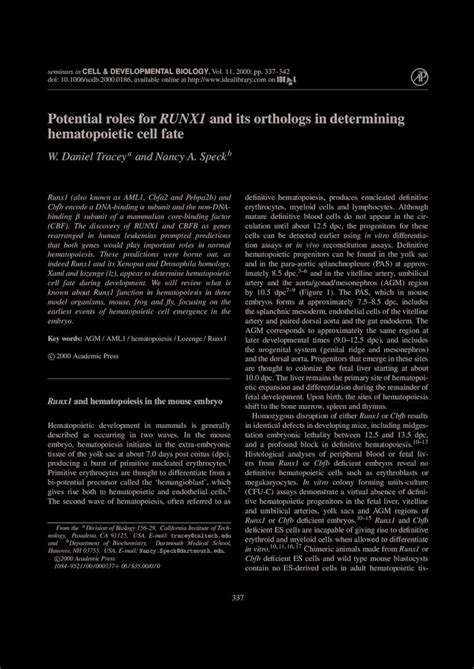 Pdf Potential Roles For Runx1 And Its Orthologs In Determining Hematopoietic Cell Fate