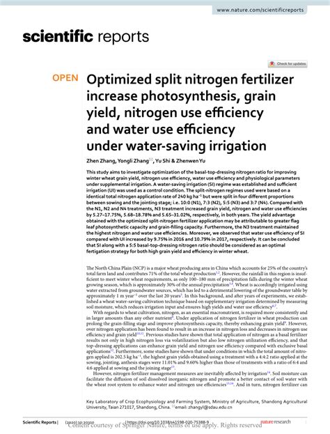 Pdf Optimized Split Nitrogen Fertilizer Increase Photosynthesis Grain Yield Nitrogen Use
