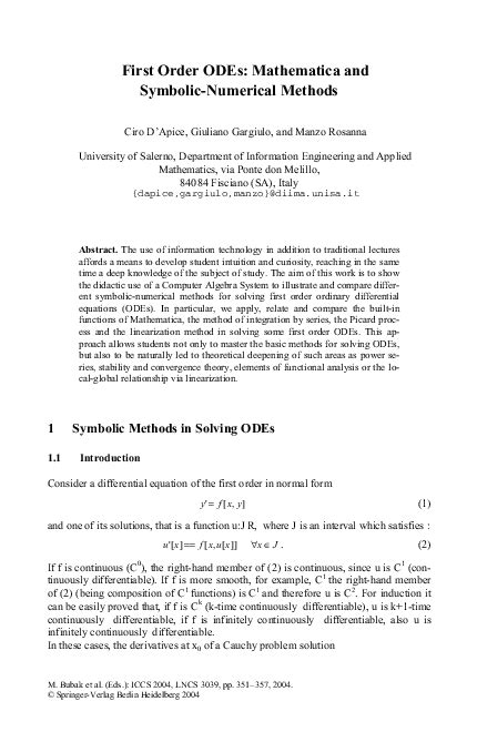 Pdf First Order Odes Mathematica And Symbolic Numerical Methods