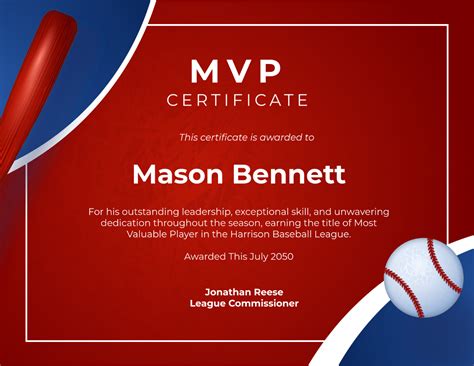 Free Blue And Red Baseball Mvp Certificate Template To Edit Online