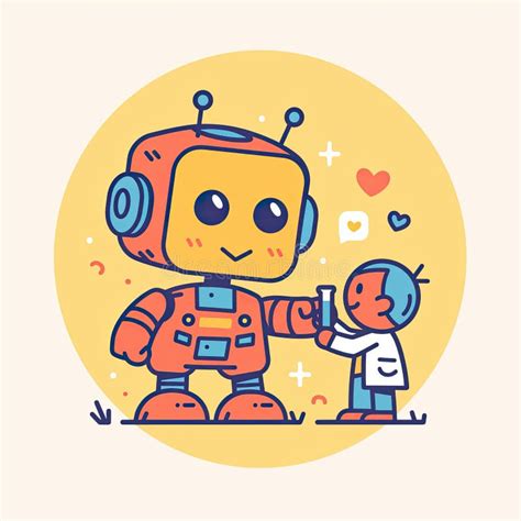 Comic Style Robot Handing Test Tube To Scientist In Cheerful Scene