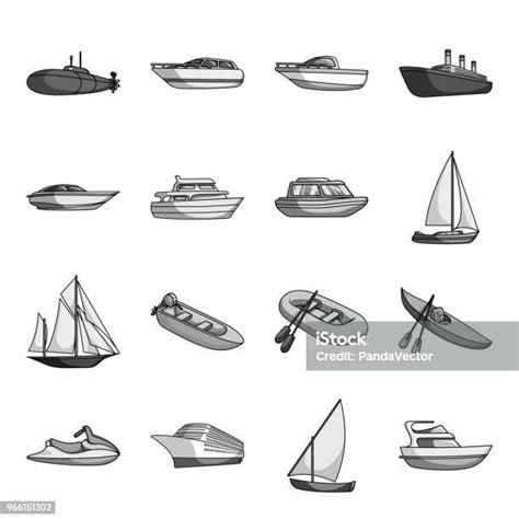 물 바다 디자인에 대 한 설정된 컬렉션에 흑백 아이콘 수송 보트와 선박 벡터 기호 재고 웹 일러스트 레이 션의 다양 한 로고에 대한 스톡 벡터 아트 및 기타 이미지 Istock