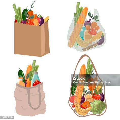 플랫 벡터 일러스트 세트 를 쇼핑합니다 식료품 구매 종이 및 플라스틱 패키지 제품이있는 거북이 가방 천연 식품 유기농 과일 및 채소 종이 봉투에 대한 스톡 벡터 아트 및