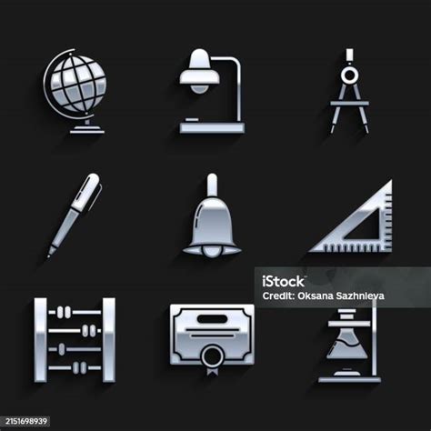 벨 울리기 인증서 템플릿 유리 시험관 플라스크 불 삼각형 눈금자 주판 펜 드로잉 나침반 및 지구 지구 아이콘을 설정합니다 벡터 개념에 대한 스톡 벡터 아트 및 기타 이미지