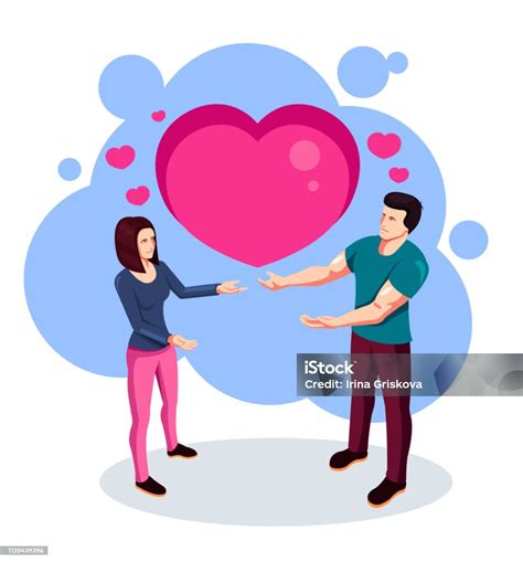 두 연인 사람들 마음을 들고 남자와 여자 캐릭터 벡터 평면 만화 그래픽 디자인 일러스트 레이 션 2명에 대한 스톡 벡터 아트 및