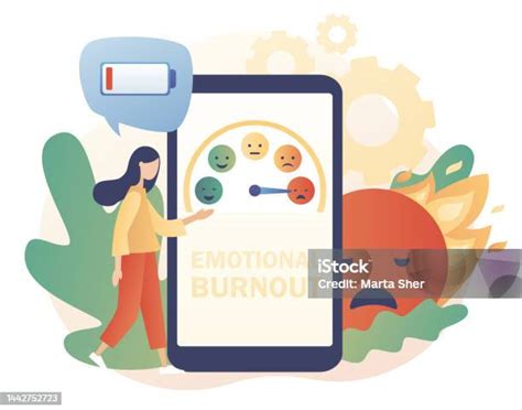 감정적 인 소진 과로 사업가 낮은 에너지 피로 우울증 스트레스 수준 기분 척도 스마트 폰 화면의 배터리 부족 현대 평면 만화 스타일입니다 벡터 그림 Mental