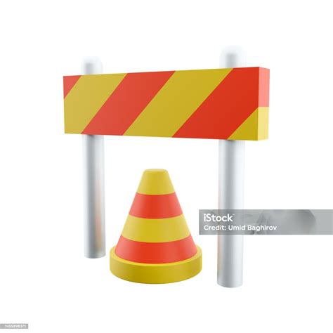 흰색 배경에 거리 장벽이 있는 3d 렌더링 교통 경고 원뿔 또는 기둥 건설 중 관리 또는 주의 개념 3d 그림 3d 렌더링 아이콘입니다 3차원 형태에 대한 스톡 사진 및