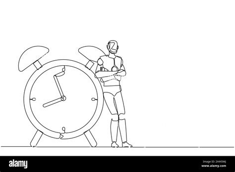 Single One Line Drawing Robots Lean On Huge Alarm Clock Modern Robotics Artificial Intelligence