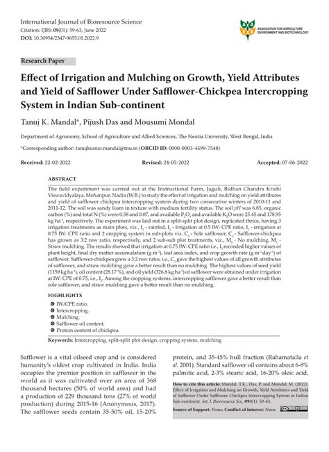 Pdf Effect Of Irrigation And Mulching On Growth Yield Attributes And