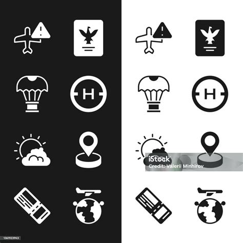 세트 헬리콥터 착륙 패드 낙하산 경고 항공기 여권 태양 구름 날씨 위치 비행기와 항공사 티켓 아이콘 글로브에 비행 상자 벡터 건네주기에 대한 스톡 벡터 아트 및 기타 이미지