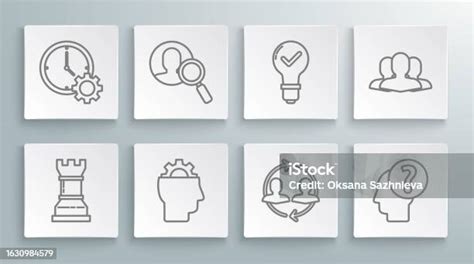 라인 비즈니스 전략 설정 검색 사람들을 위한 돋보기 내부에 장비가 있는 인간 자원 머리 물음표 전구 및 수표 사용자 그룹 및 시간 관리 아이콘 벡터 돋보기 광학 기기에 대한