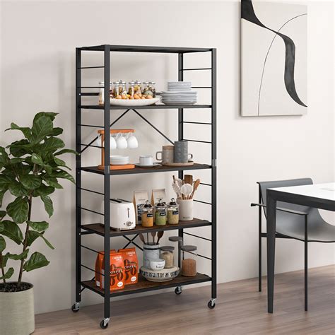 Costway 4 Shelf Black Metal Folding Wheeled Shelving Rack Wilko