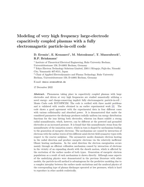 Pdf Modeling Of Very High Frequency Large Electrode Capacitively Coupled Plasmas With A Fully