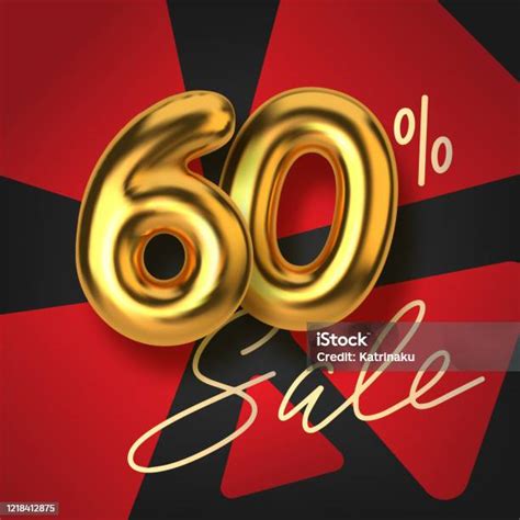 60 현실적인 3d 골드 텍스트로 만든 할인 프로모션 판매 황금 풍선의 형태로 번호입니다 제품 광고 웹 배너 전단지 인증서 및 엽서용 템플릿입니다 벡터 일러스트레이션 3차원