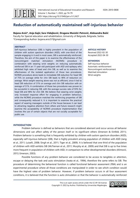 Pdf Reduction Of Automatically Maintained Self Injurious Behavior