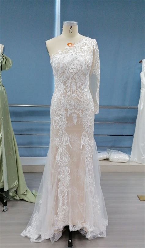 Luxury Lace One Shoulder Long Sleeves Mermaid Wedding Dresses Missacc