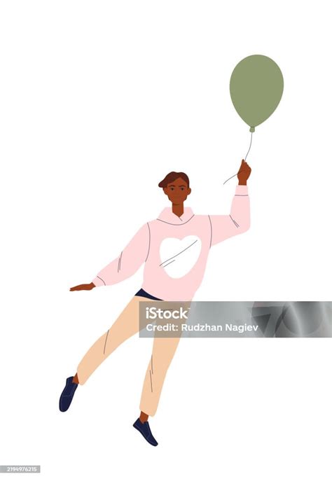 풍선과 함께 날아 다니는 행복 한 사람 풍선을 들고 구름으로 날아 오르는 웃는 남자 꿈꾸는 평온한 캐릭터 자유와 기쁨의 개념 평면 벡터 일러스트 레이 션 공휴일에 대한 스톡