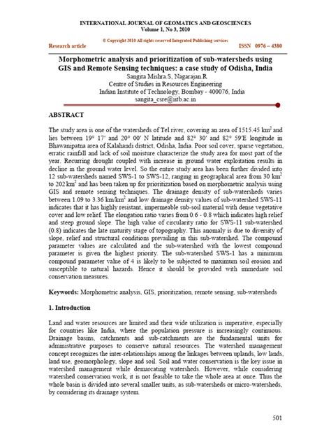 Morphometric Analysis And Prioritization Of Subwatersheds Pdf Drainage Basin Stream