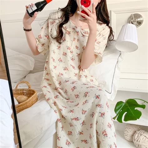 무슈 플라워 원피스 잠옷 여름 반팔 라운드카라 파자마 허니나이트