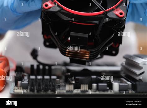 Computer Technician Installs Computer Cooling System Closeup Stock Photo Alamy