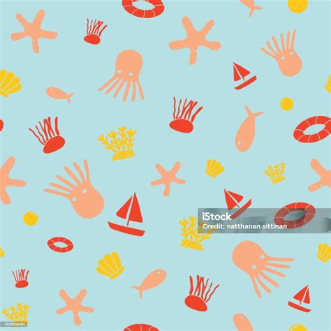 오징어 물고기 범선 불가사리 거품 산호 껍질 진정 수영 튜브 및 해초가 빨간색 주황색 노란색 및 하늘색 배경 요소로 있는 바다 테마에서 여름철의 원활한 패턴 벡터 갑각류에