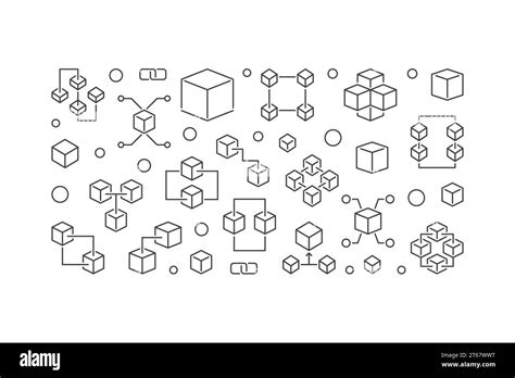 Blockchain Technology Vector Concept Horizontal Banner Made Of Outline